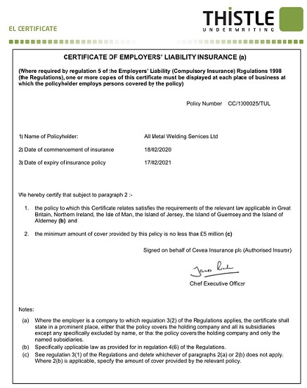 Public Liability Insurance for on site welding